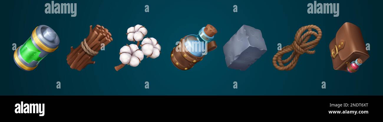 Set of game resource icon with battery, wood, cotton and water in ...