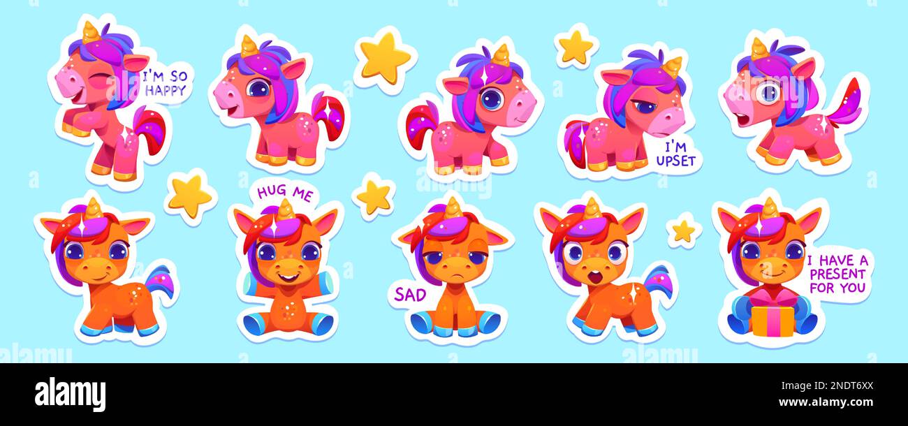 Cute rainbow unicorn stickers, patch icon. Cartoon vector pony mascot ...