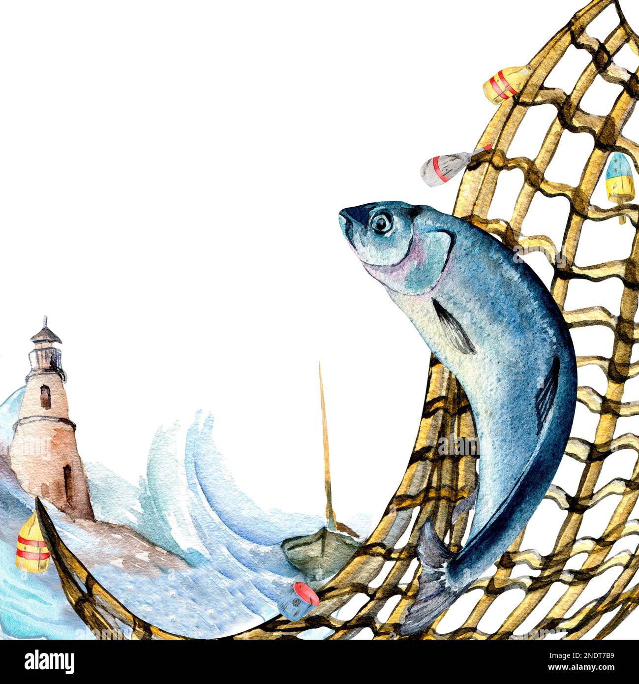 Composition of herring and fishnet watercolor illustration isolated on ...