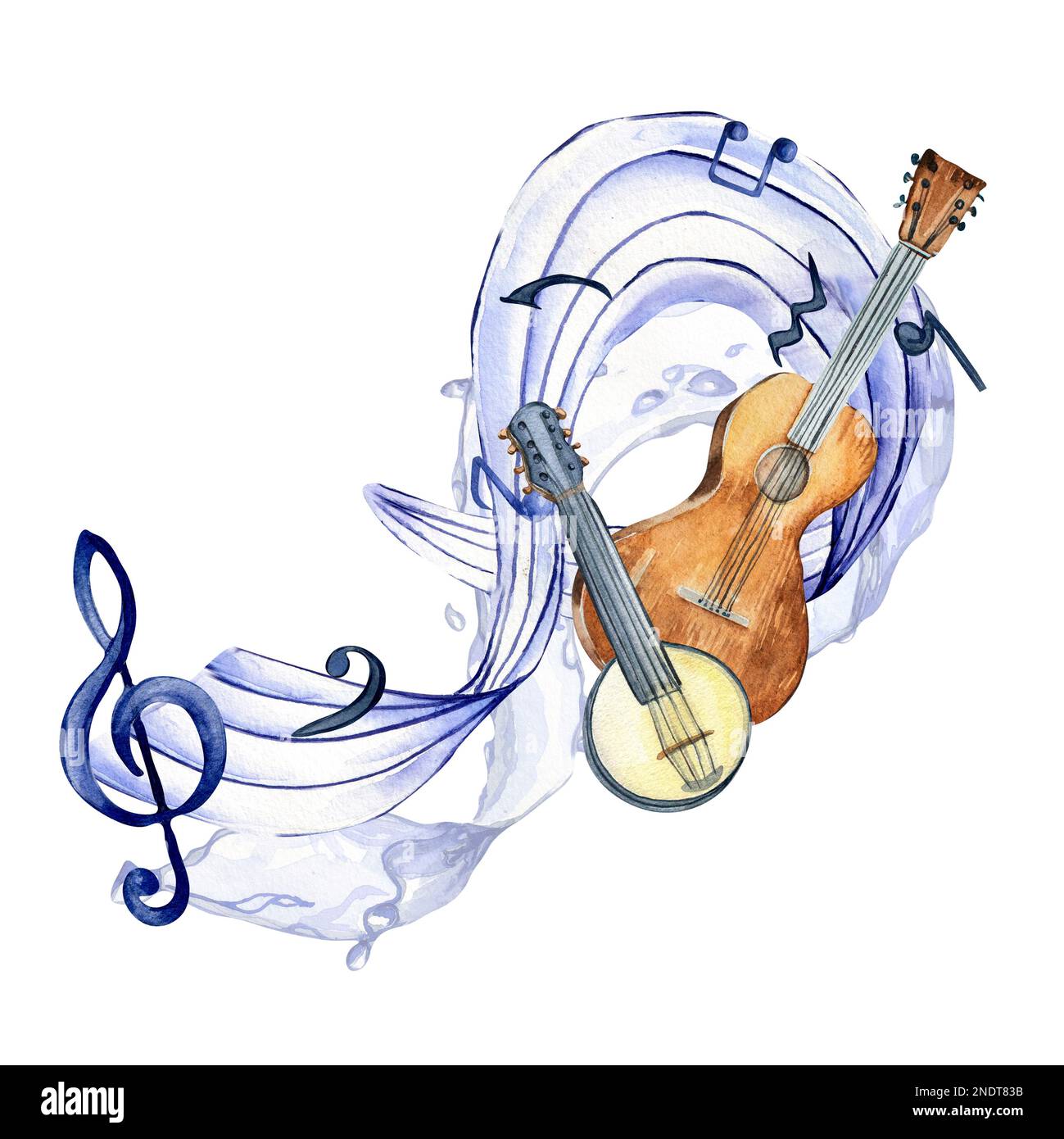 Treble clef, musical notes and banjo watercolor illustration on white ...