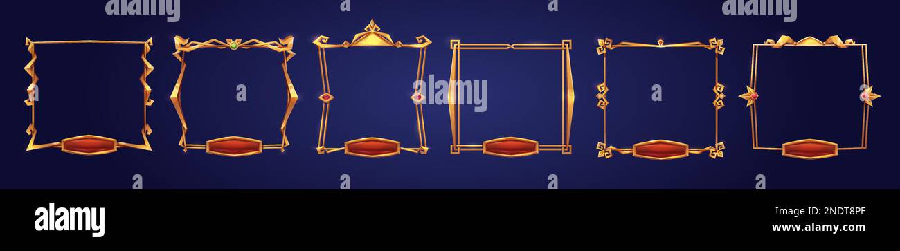 Cartoon set of square golden game rank frames isolated on background ...