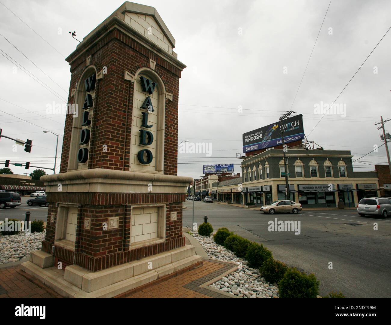 A sign marks the location of the Waldo shopping district Friday, May 7 ...