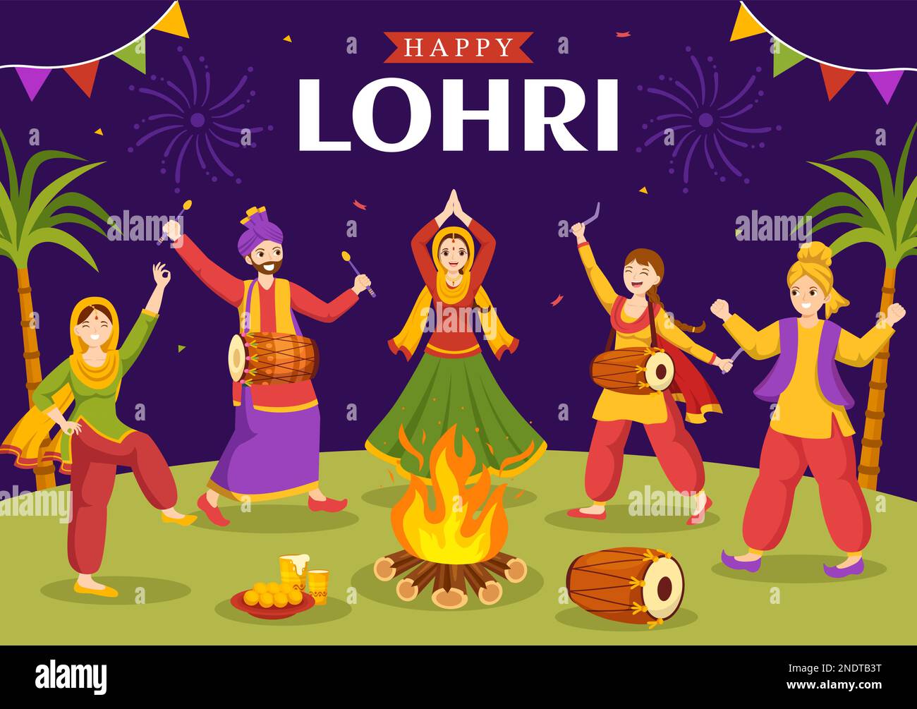 Happy Lohri Festival of Punjab India Illustration with Playing Dance ...