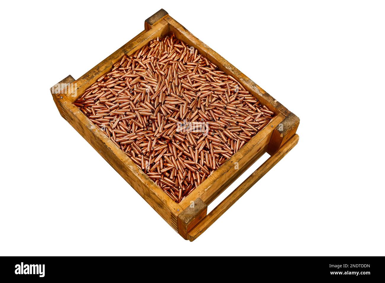 Old wooden crate with large caliber brass bullets on white Stock Photo ...