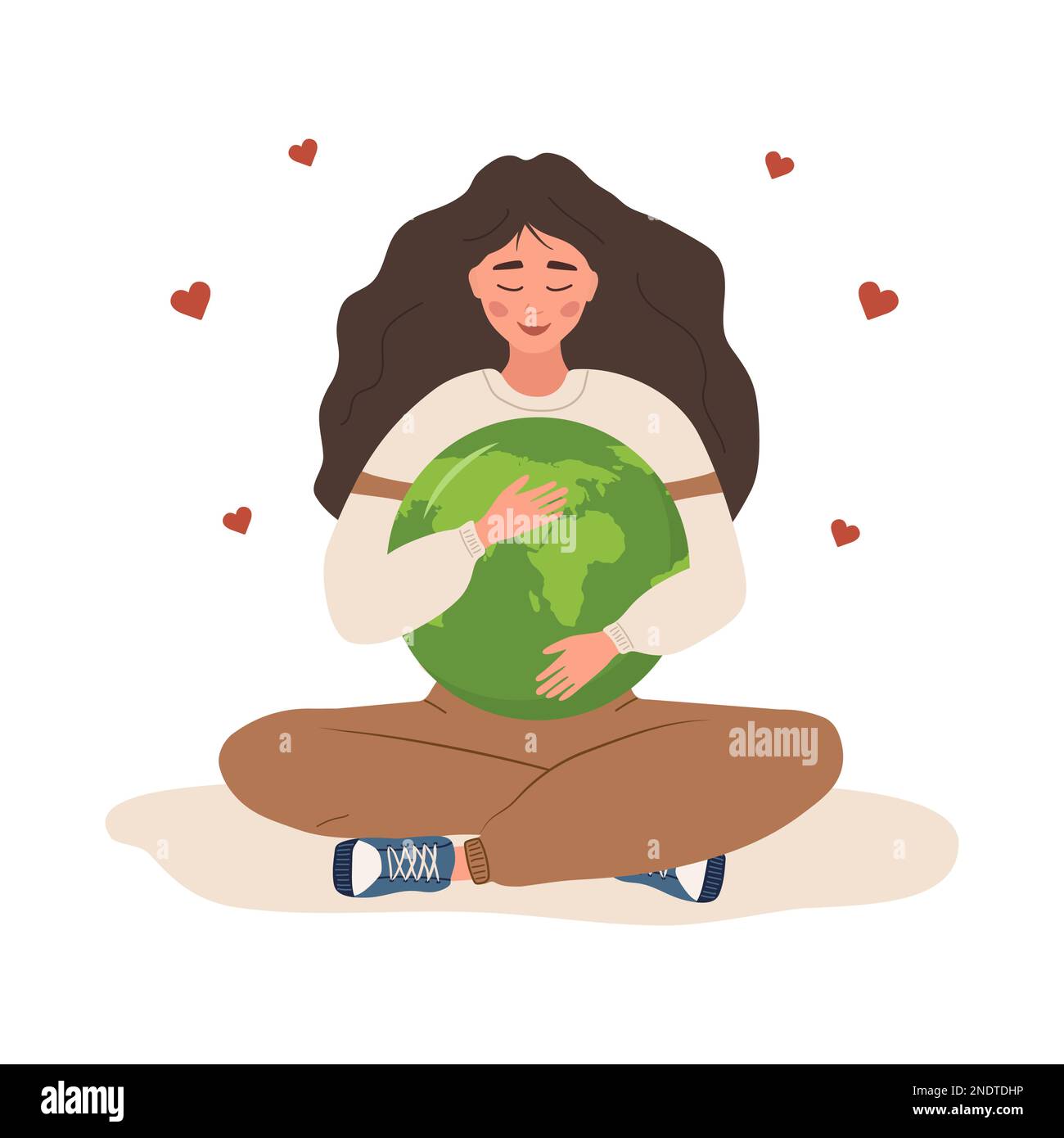 Smiling woman hugs Planet Earth with care and love. Caring for Nature ...