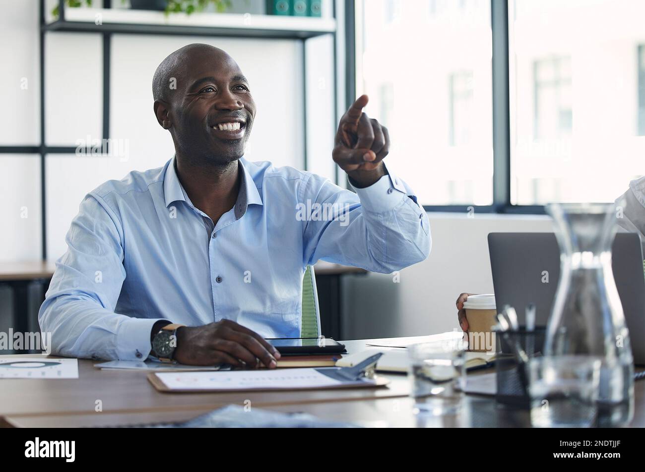 Vision, management and black man pointing in an office for motivation ...