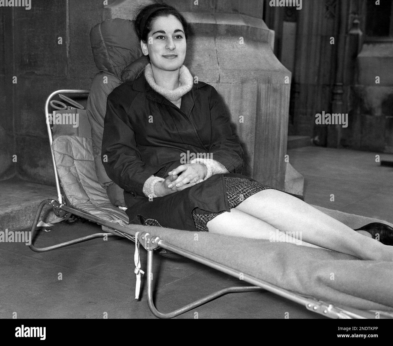 Susan Harris, 24, a secretary, came equipped with folding cot in front ...