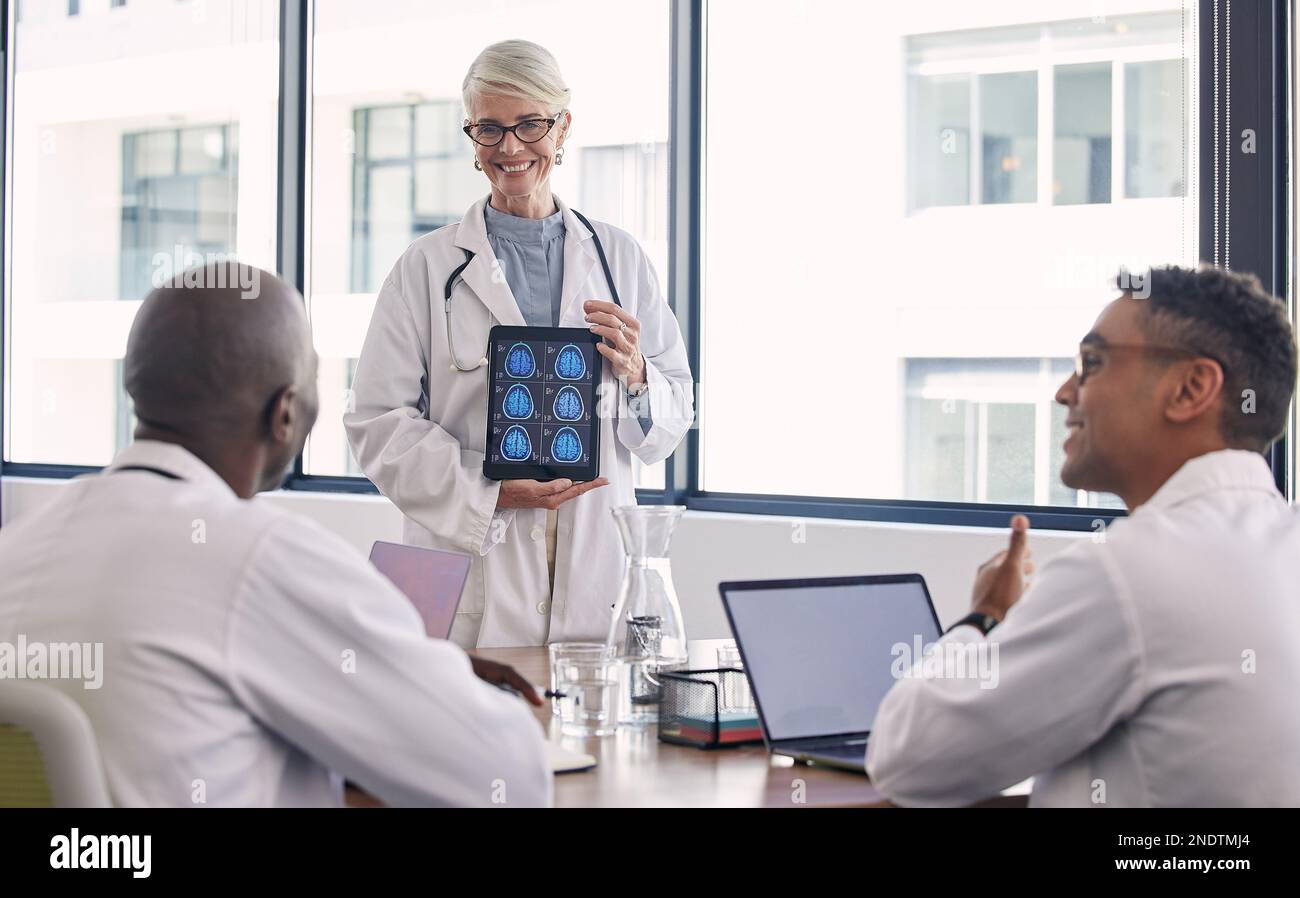 Brain, healthcare meeting and doctors presentation in neurology research, results and hospital ...