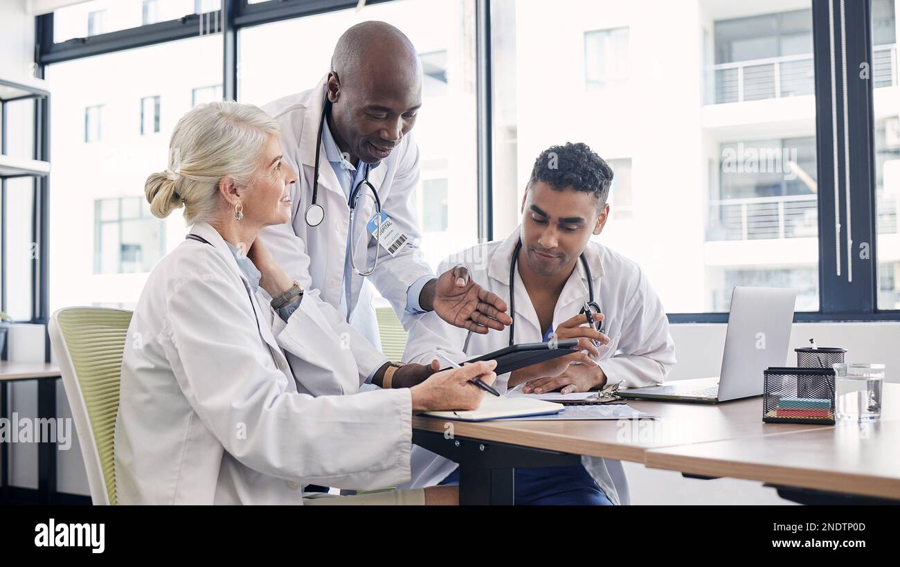 Healthcare, teamwork and staff talking, tablet and planning for procedure, telehealth and office ...