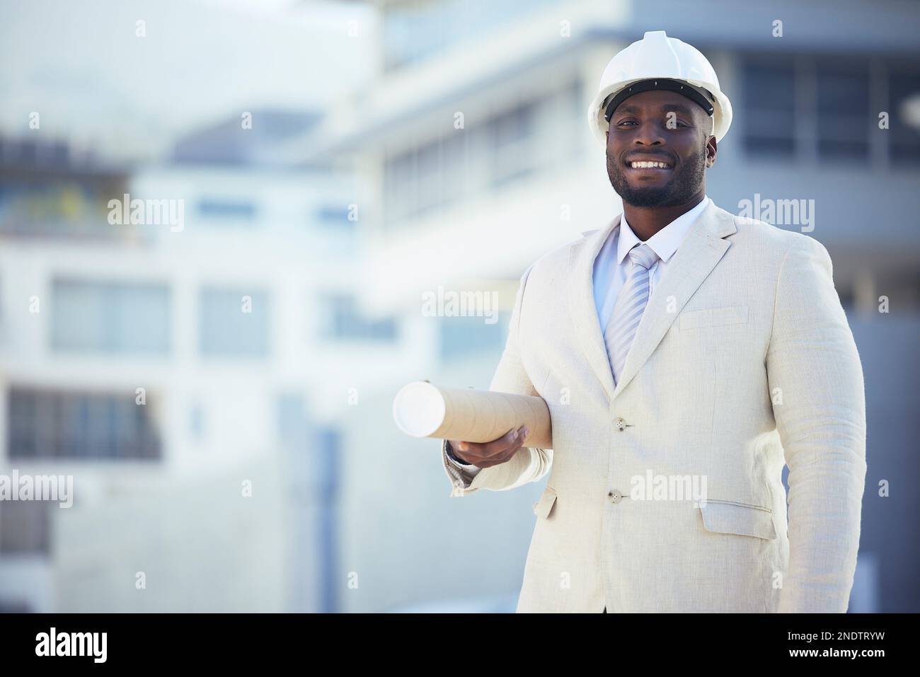 Black man, architect and portrait smile with blueprint for construction ...