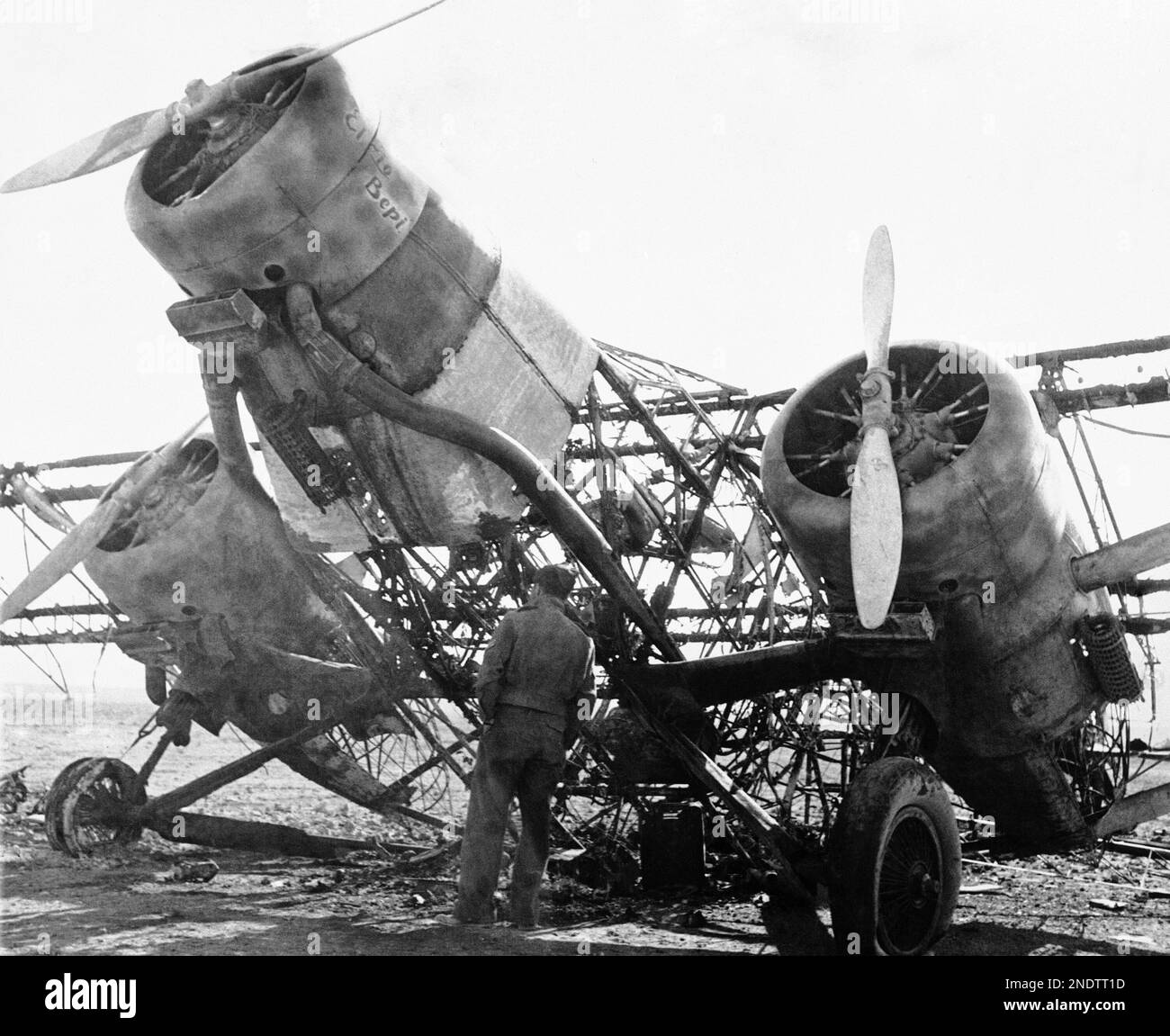 The charred skeleton is all that is left of an Italian caproni bomber ...