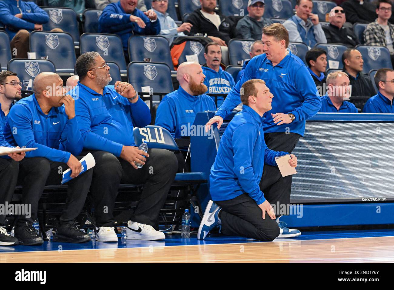 FEBRUARY 15, 2023: St. Louis Billikens head coach Travis Ford rushes to ...