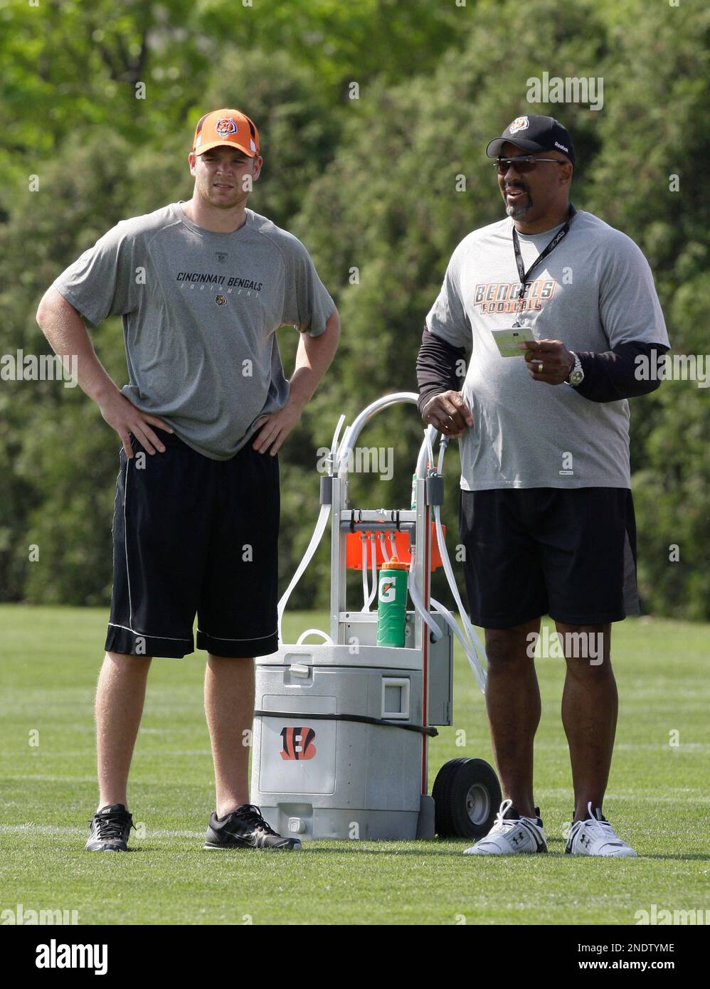 Cincinnati Bengals tight end Chase Coffman, left, watches with tight ...