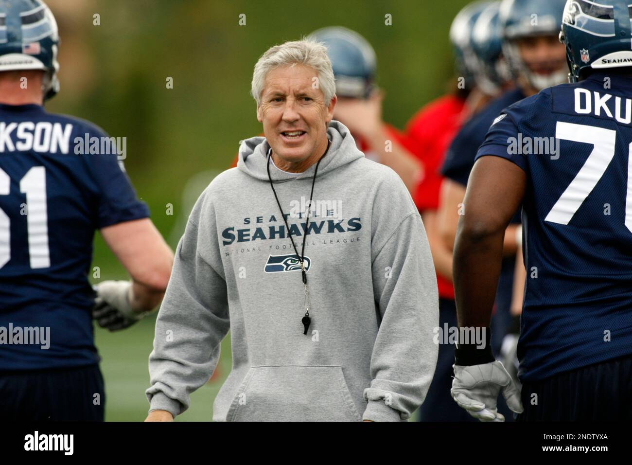 Seattle Seahawks head coach Pete Carroll calls to his team during an ...