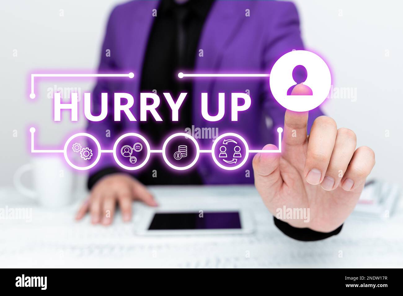 Text caption presenting Hurry Up. Internet Concept asking someone to do ...