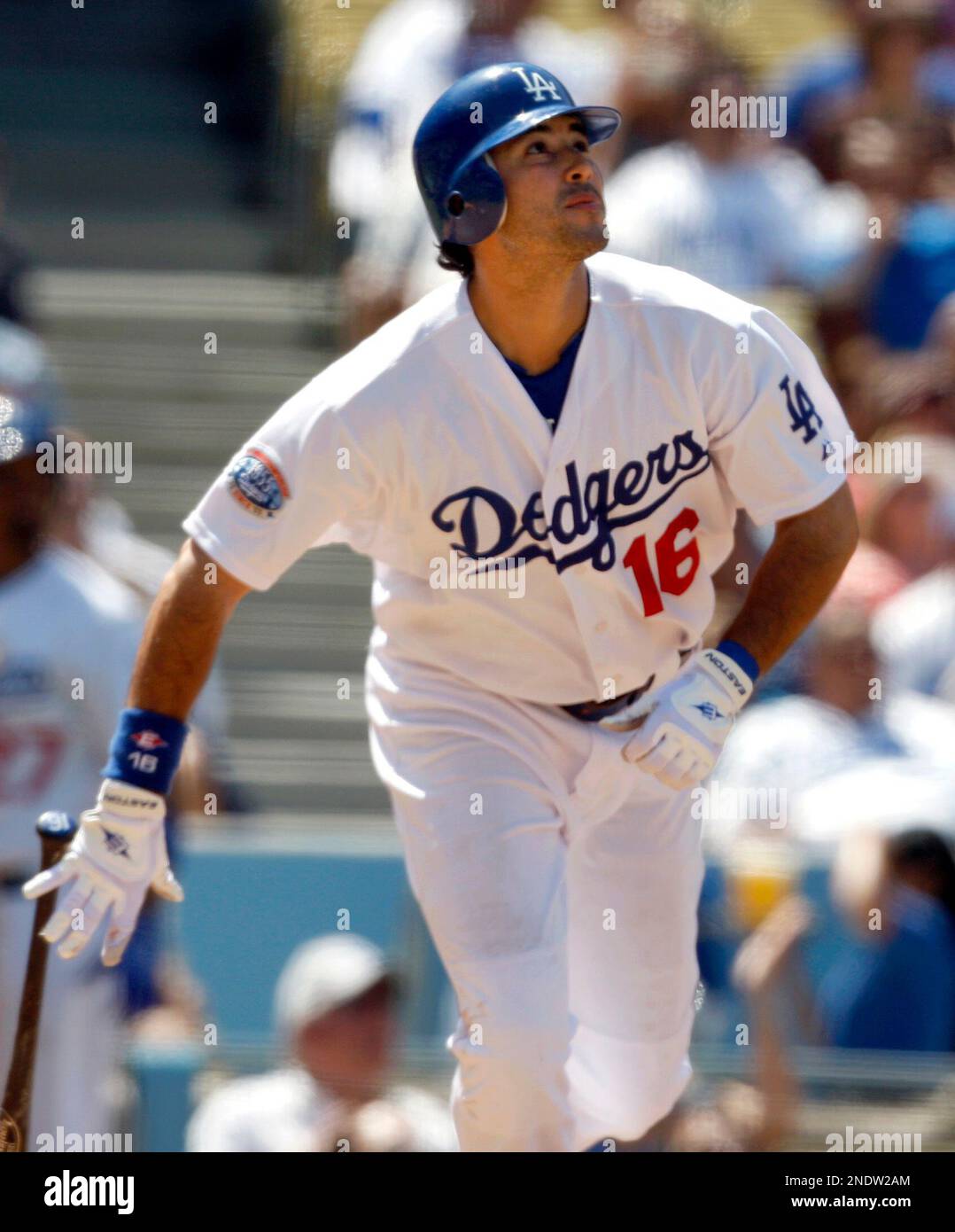 Los Angeles Dodgers' Andre Ethier watches his two-run home run off ...
