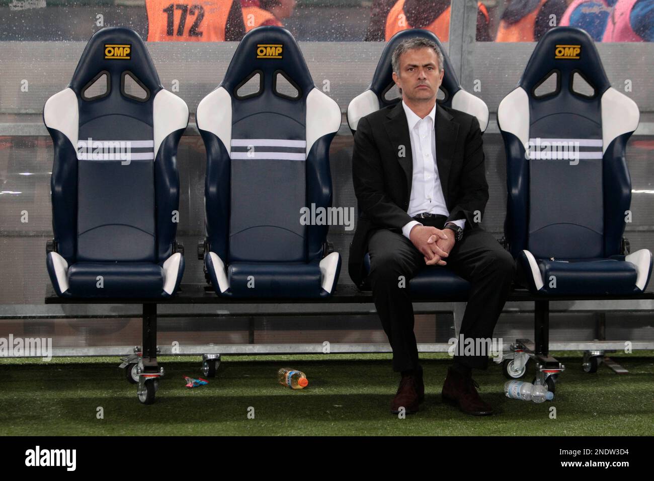 Inter Milan coach Jose' Mourinho, of Portugal, sits on the bench prior ...