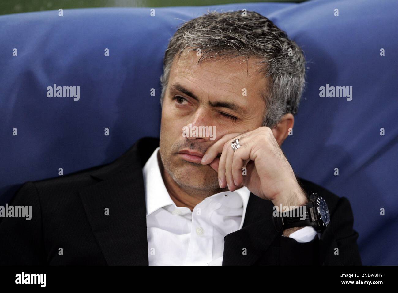 Inter Milan coach Jose' Mourinho, of Portugal, sits on the bench prior ...
