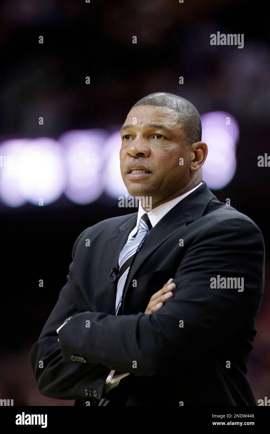Boston Celtics coach Doc Rivers watches during Game 1 in the second ...