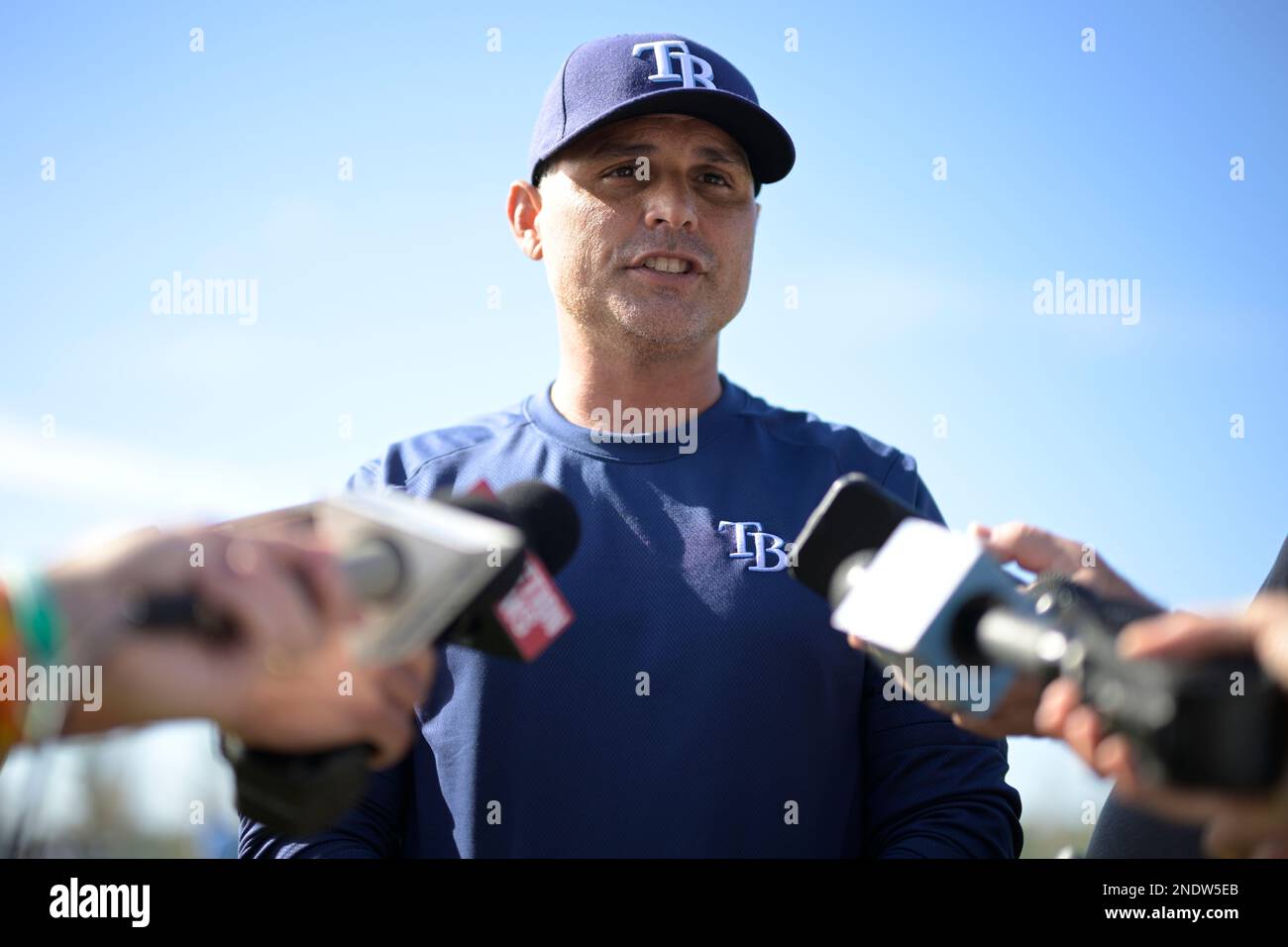 Tampa Bay Rays manager Kevin Cash takes questions from reporters during ...