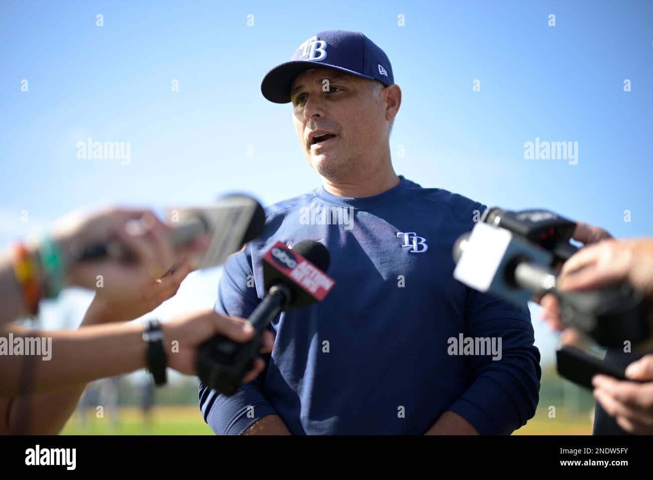 Tampa Bay Rays manager Kevin Cash takes questions from reporters during ...