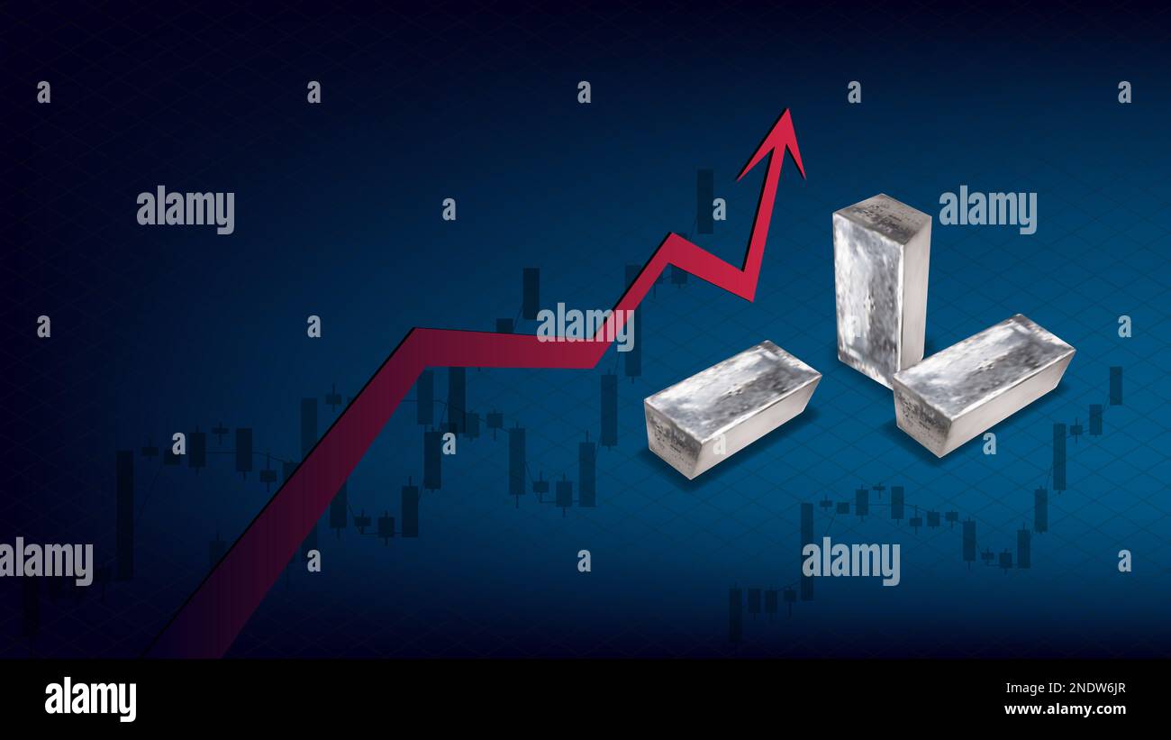Metal price growth concept with isometric metal chunks and red up arrow ...