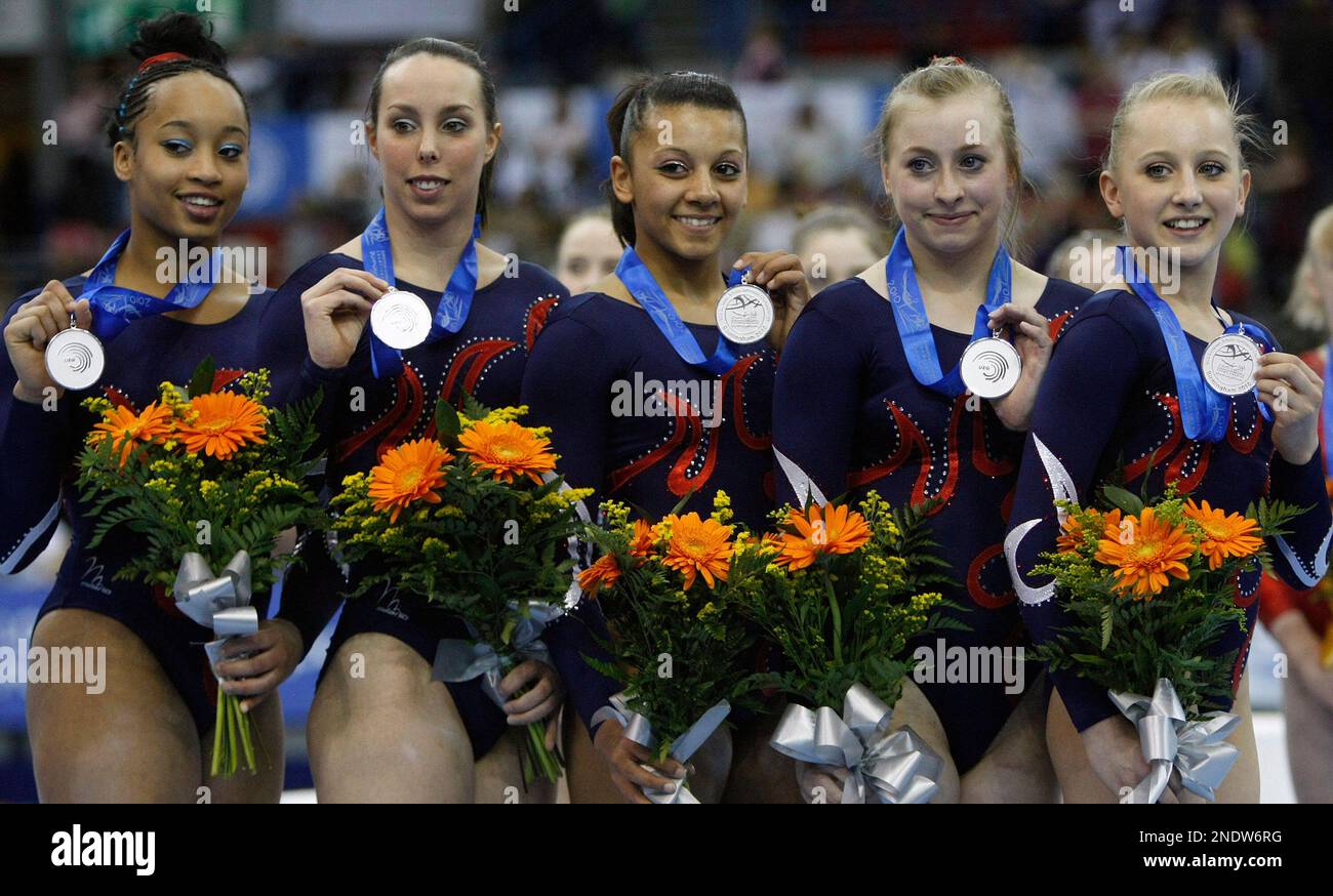 Britain's Silver medalists from left, Nicole Hibbert, Elizabeth Tweddle ...