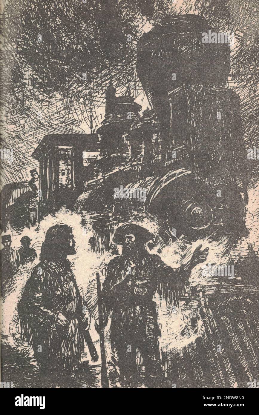 Wild West painting. Old illustration shows two trappers. Vintage black ...