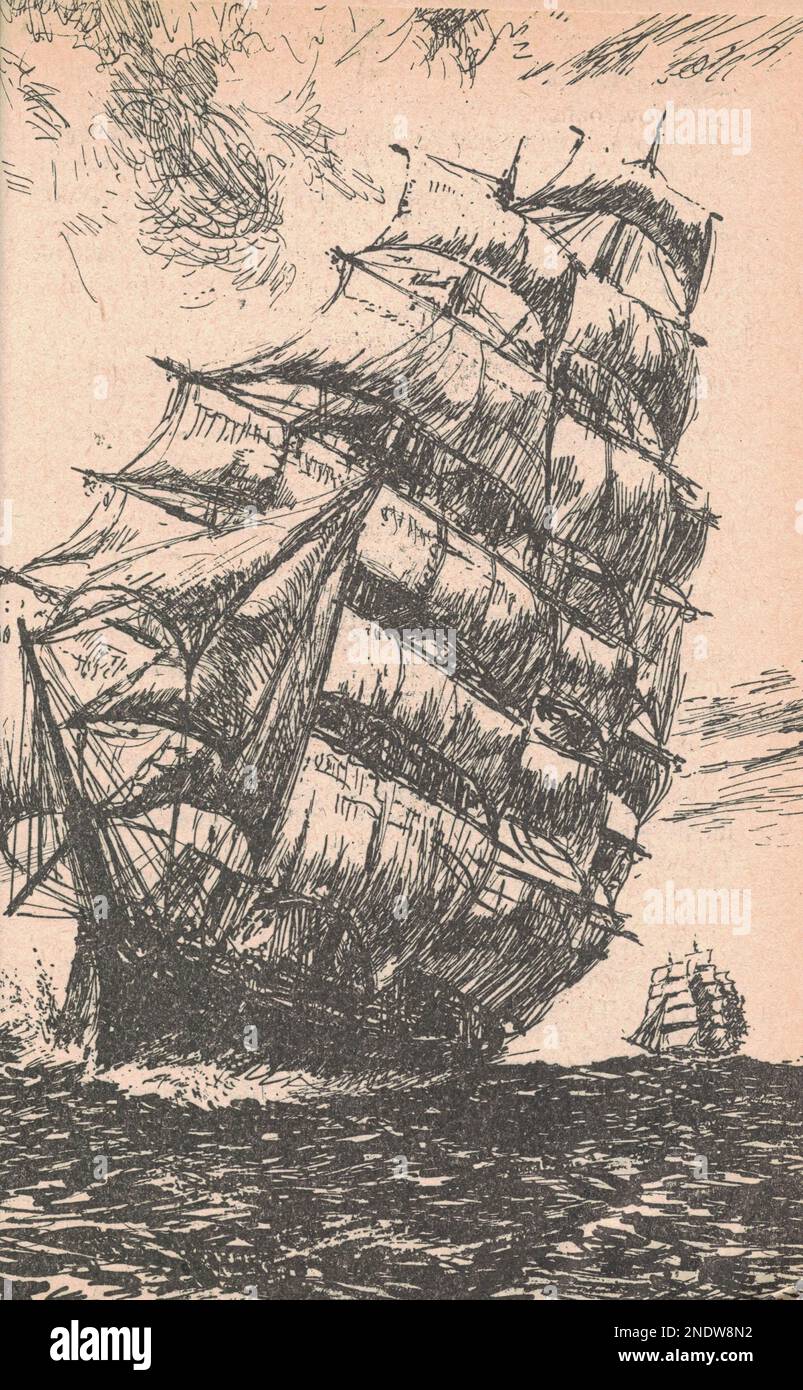 Wild West painting. Old illustration shows a sailboat in a storms ...