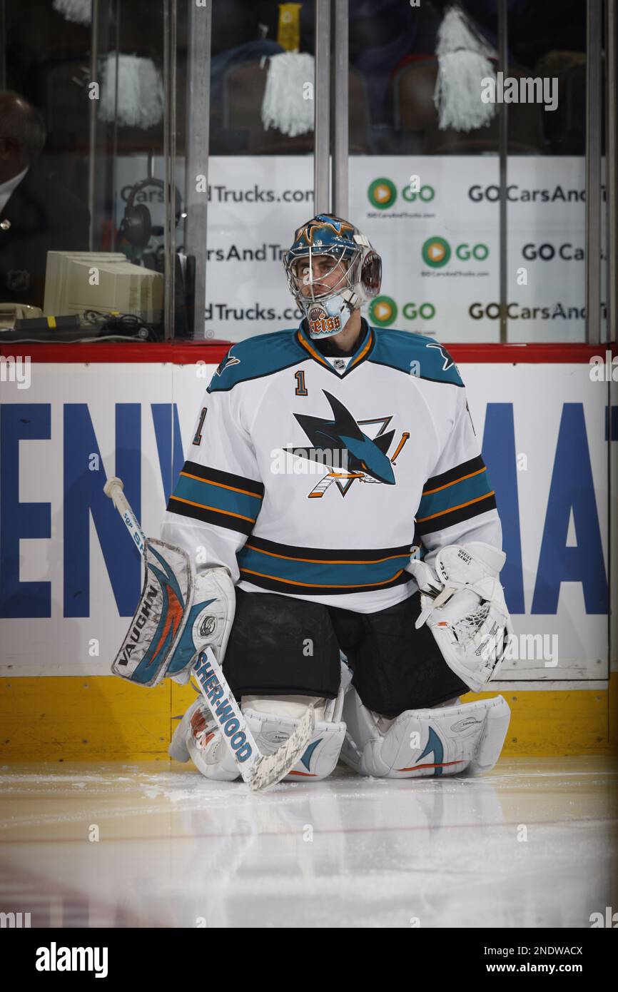 San Jose Sharks goalie Thomas Greiss, of Germany, warms up before ...