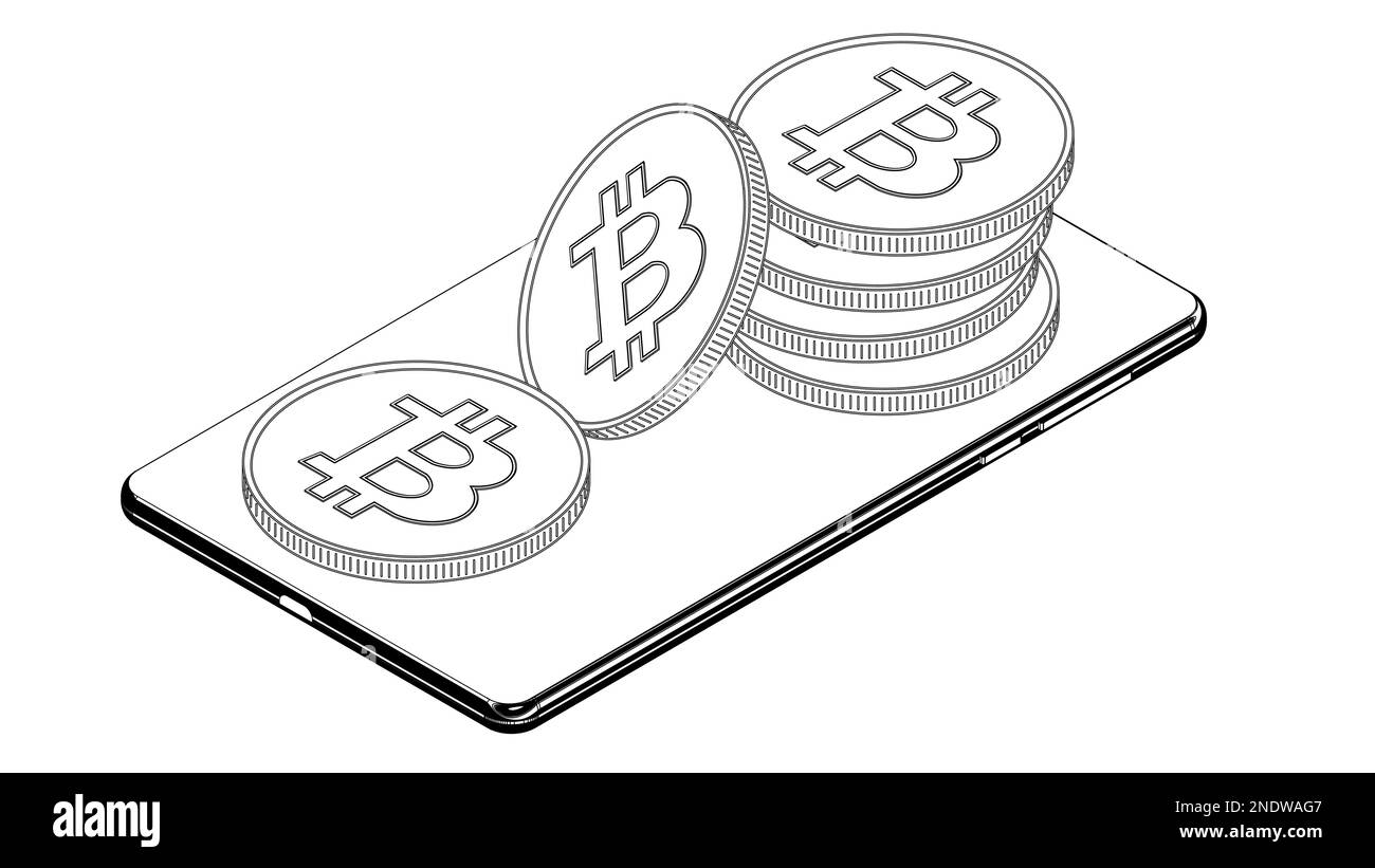Isometric smartphone with bitcoin btc coins outline isolated on white ...