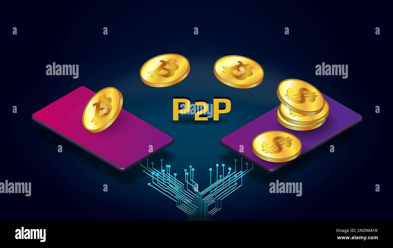 Isometric concept of transferring and converting bitcoin BTC to dollars USD peer to peer P2P ...