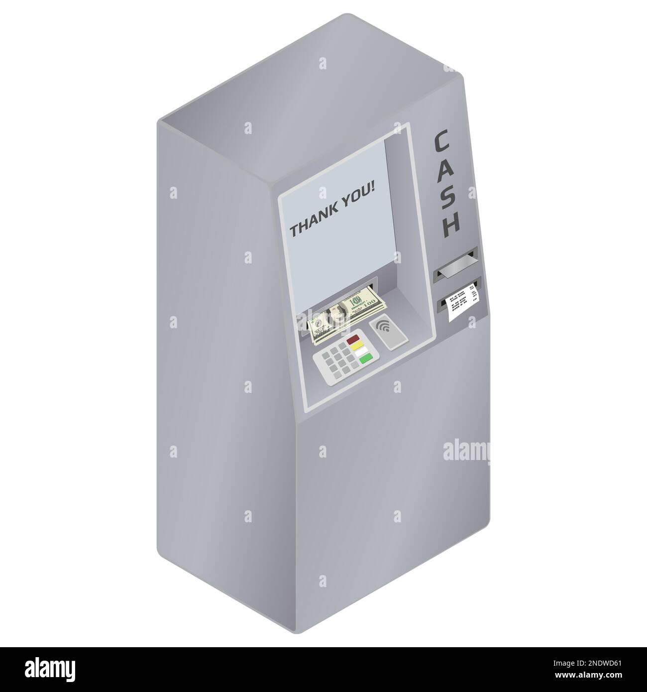 Isometric ATM machine with cash dollars, plastic card and check in slot ...