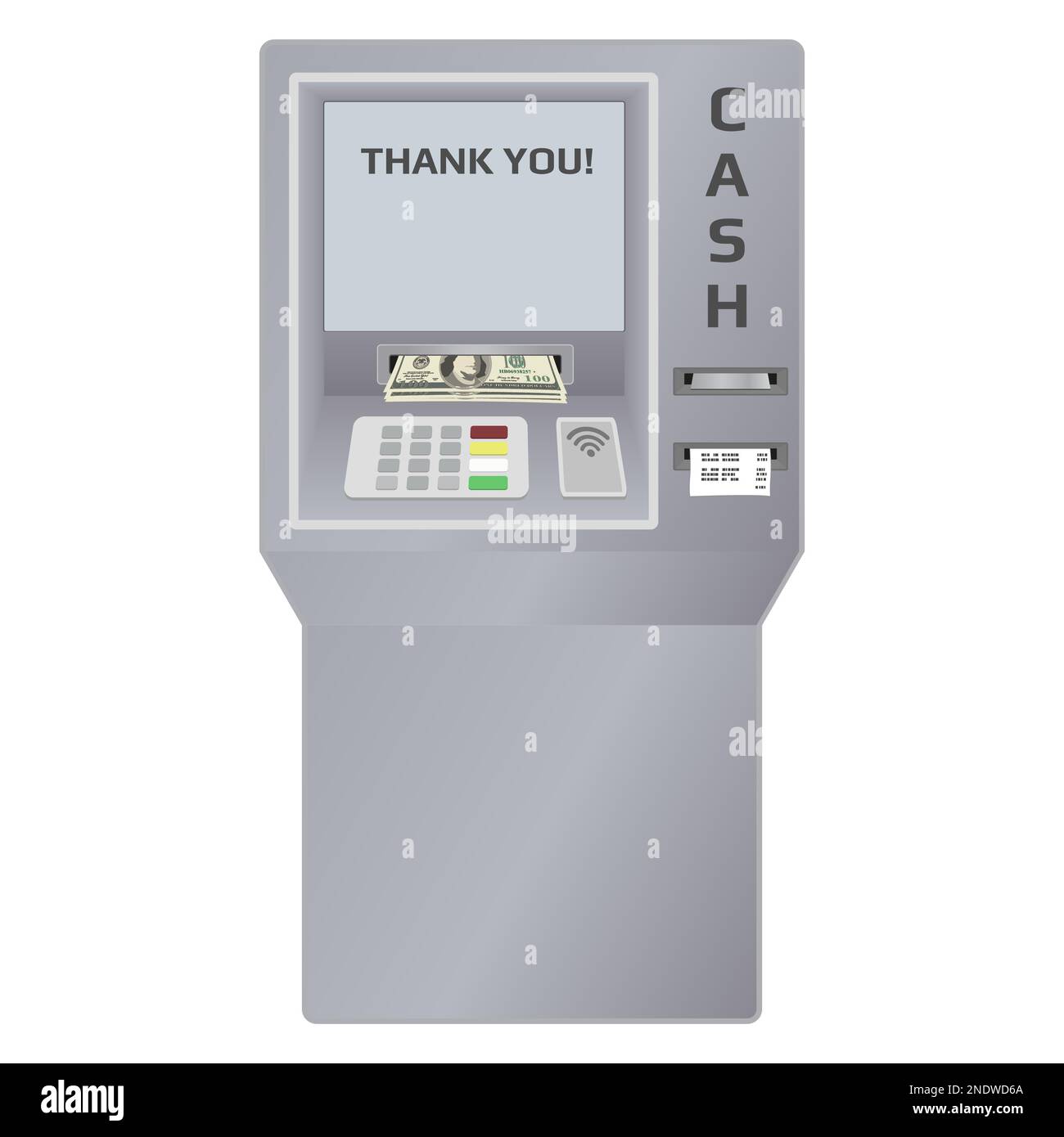 ATM machine with cash dollars in slot frontally isolated on white ...