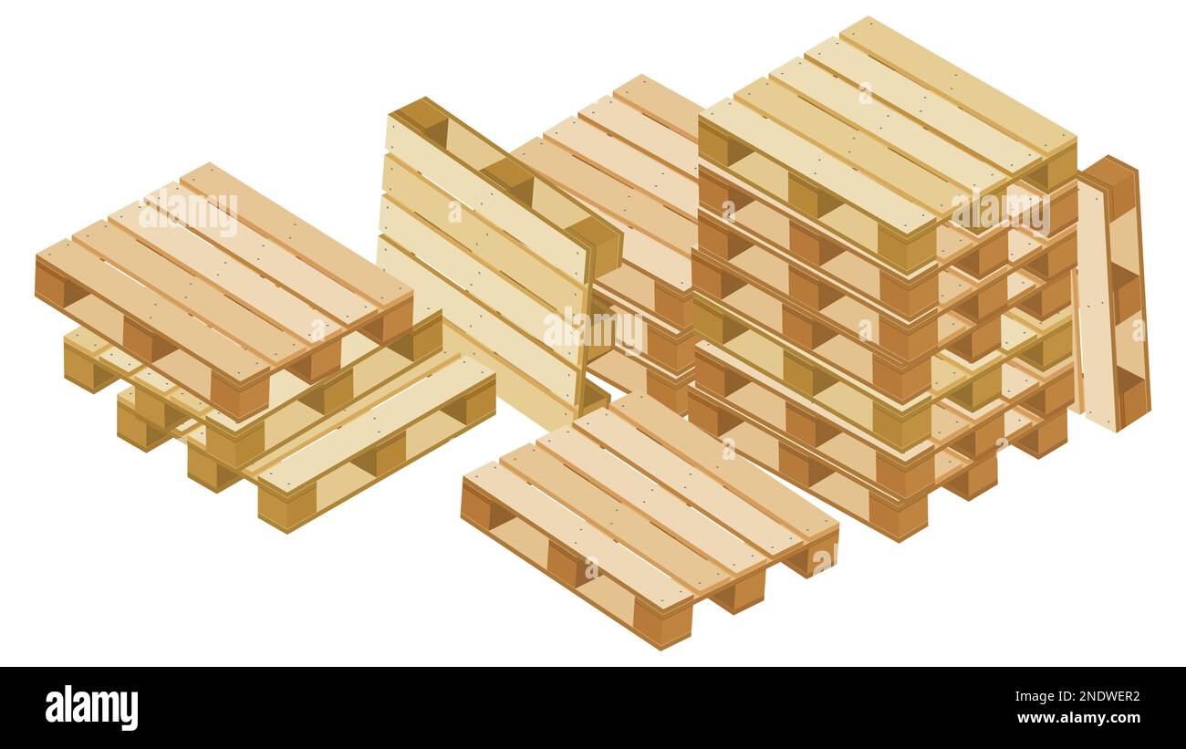 Pile of dropped isometric pallets for packaging and transportation ...