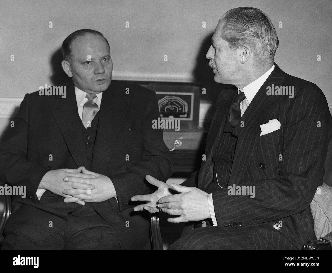 Theodor Blank, the West German minister of Defence, left, in conference ...