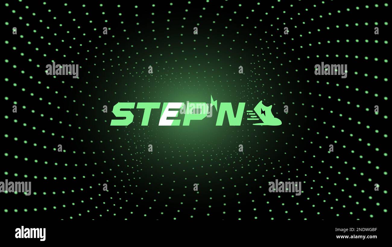 STEPN company logo icon in the center of spiral of glowing green dots ...