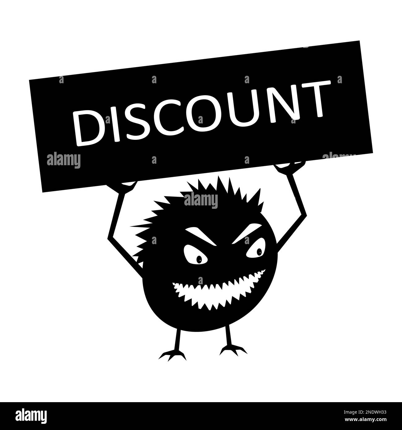 Little angry monster is holding a discount sign isolated. Funny ...