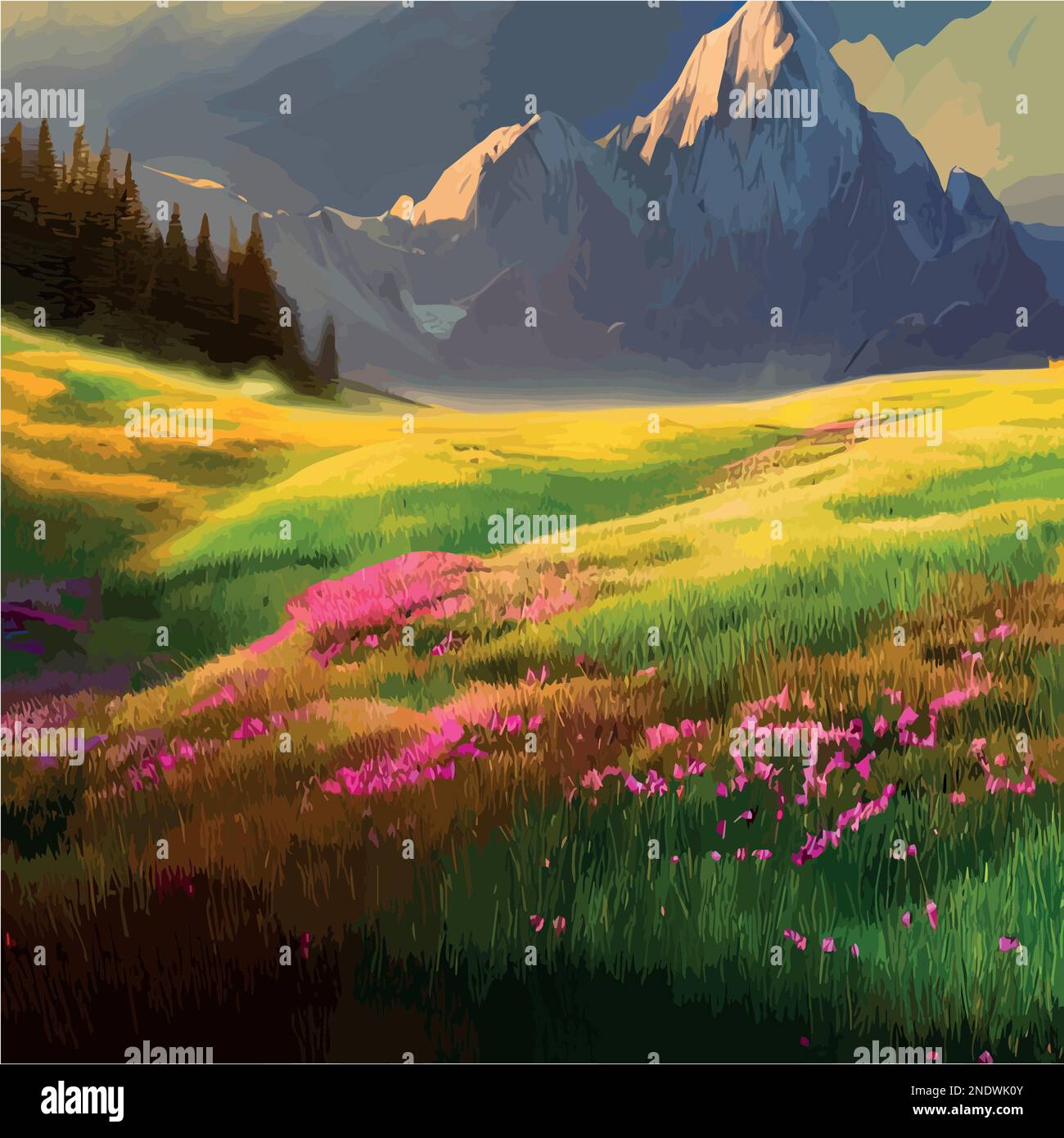 Spring tulip landscape at sunset Stock Vector Images - Alamy