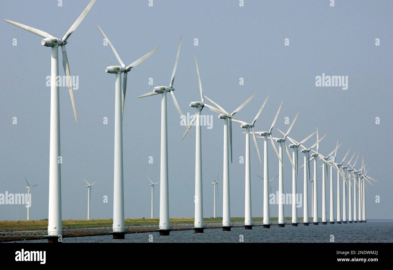 FILE - In this July 27, 2006 file photo, wind turbines stand clustered ...