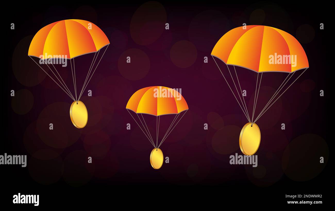 Airdrop concept few parachutes with coins on dark red background. Blank ...
