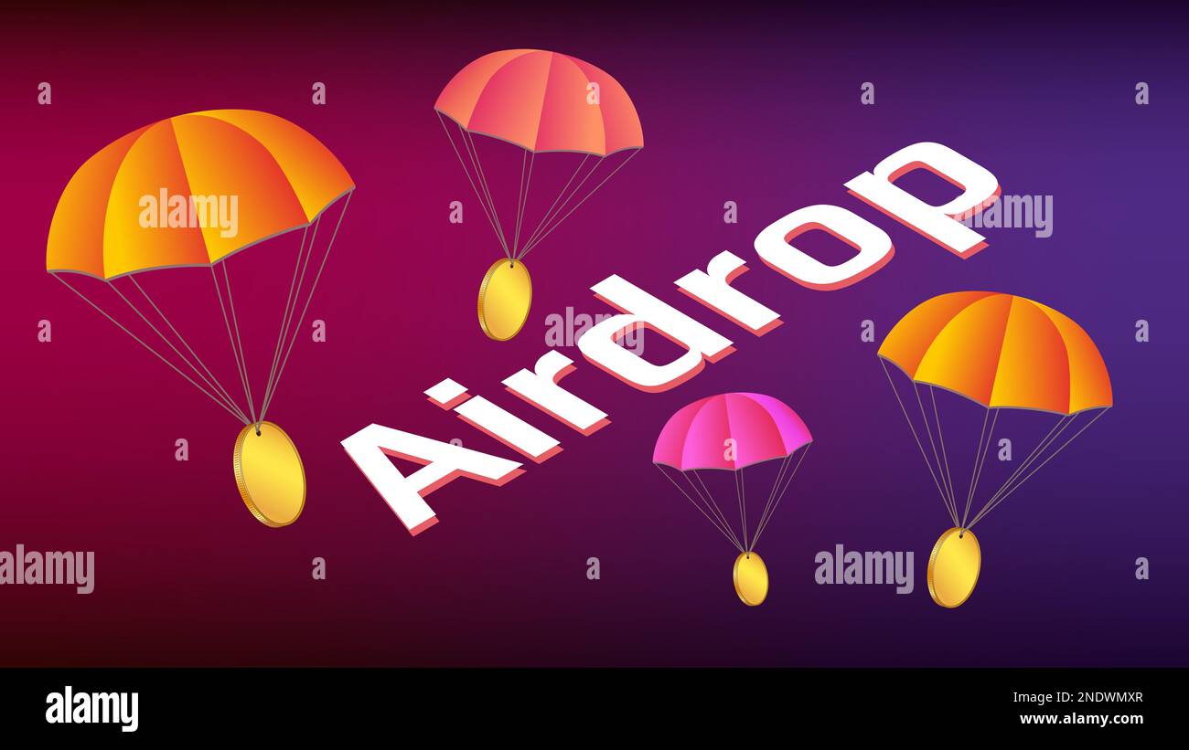 Concept Airdrop coins on parachutes and big isometric text on purple ...
