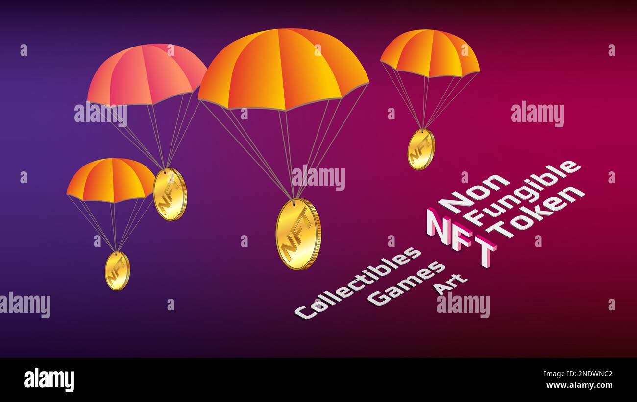 Isometric text NFT non fungible token and parachutes with gold coins on ...