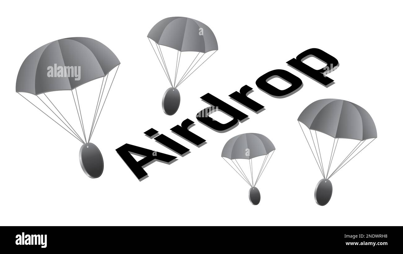 Concept Airdrop coins on parachutes and big isometric text isolated on ...