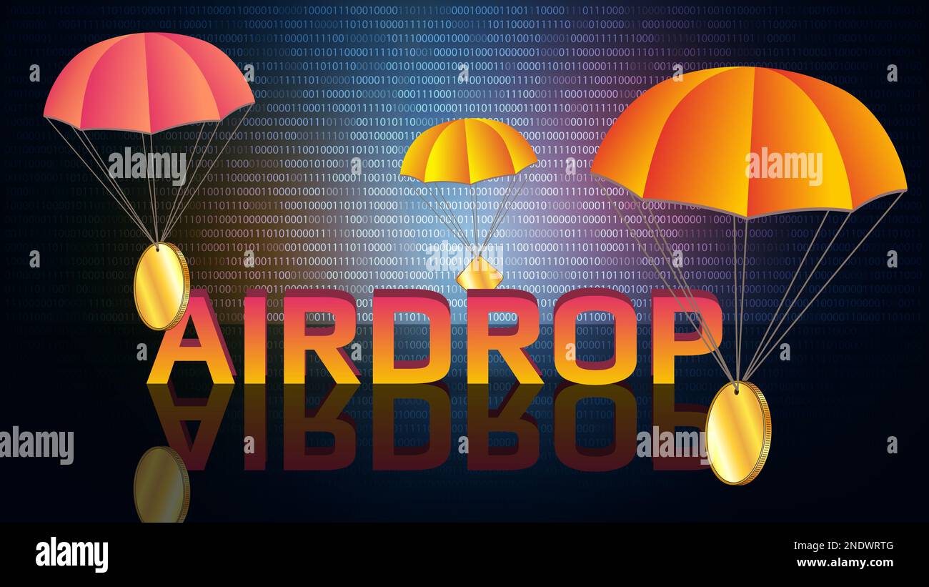 Big orange text Airdrop and parachutes with blank golden coins on ...