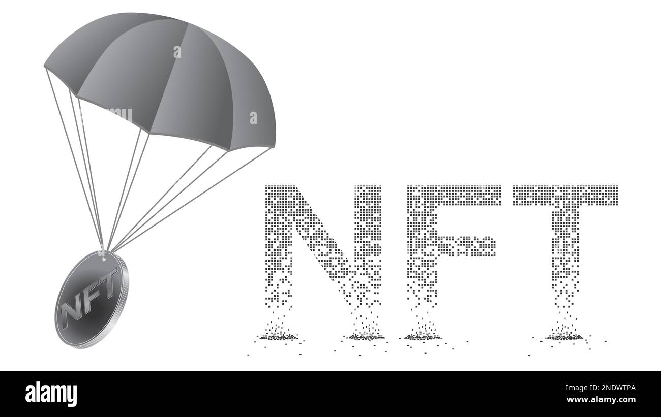 Fragmented text NFT non fungible token and parachute with NFT coin in ...