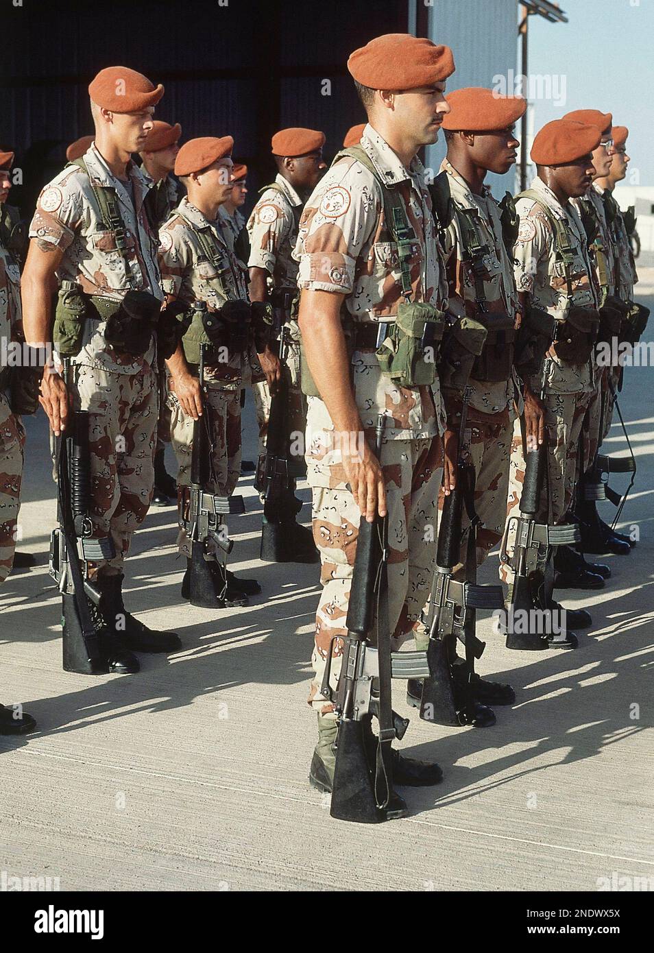 American defense Minister Caspar Weinberger, inspecting U.S. contingent ...