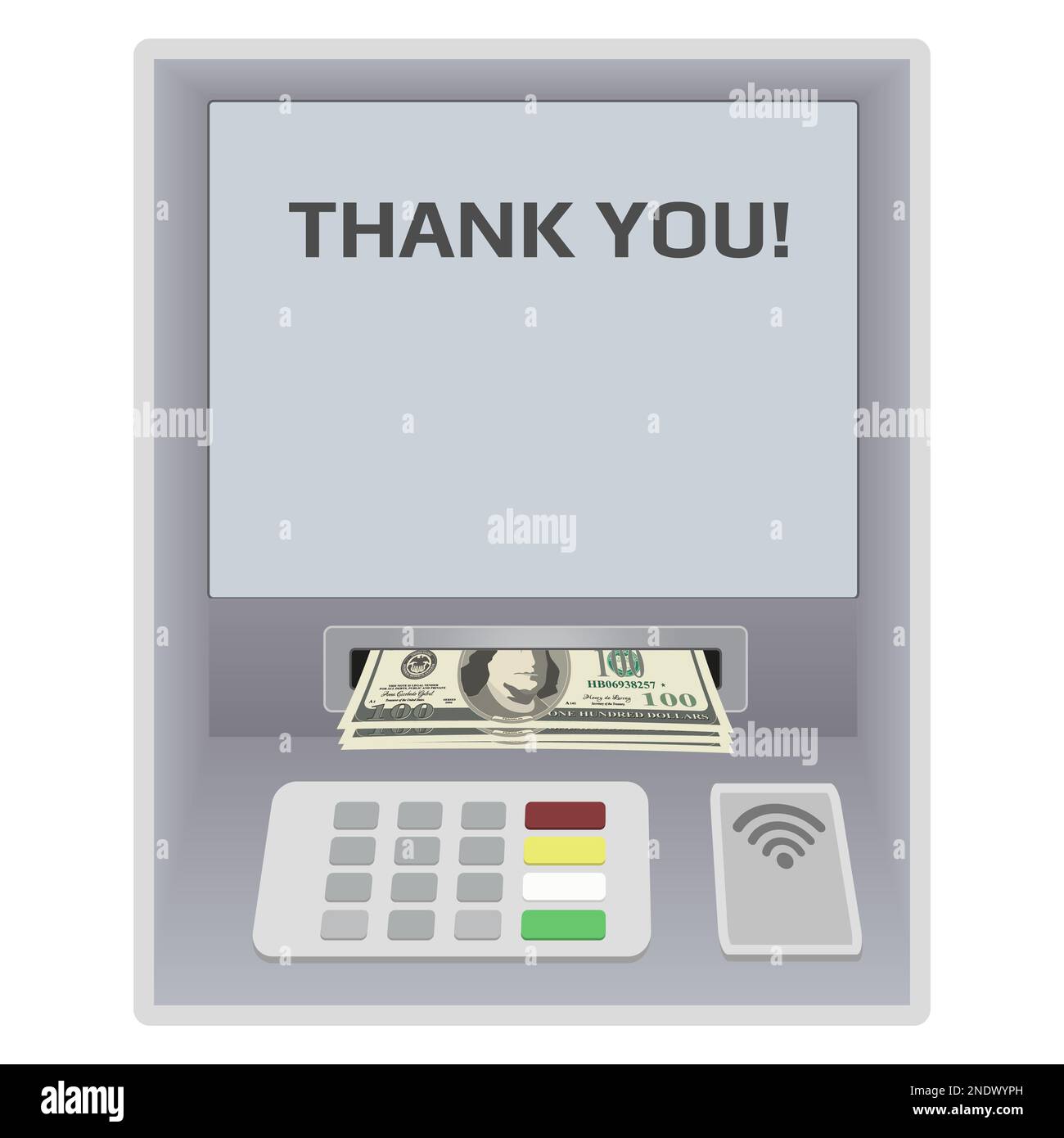 Cash dollars in slot of ATM machine with display, keypad and ...