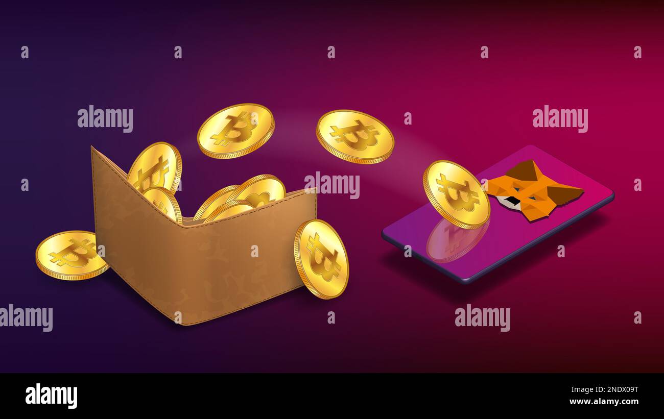 Cryptocurrency wallet with Bitcoin coins which fly to isometric ...