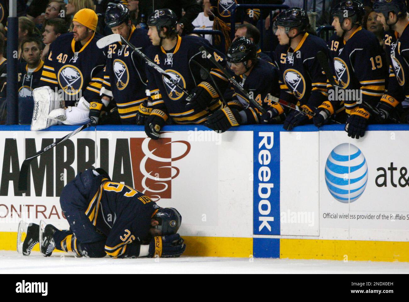 Buffalo Sabres' Patrick Kaleta reacts to an elbow in the face by a ...